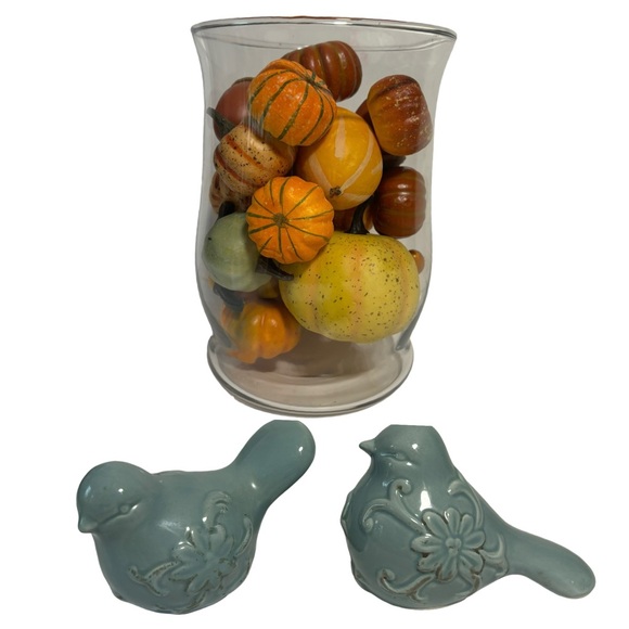 Accents | Glass Vase Full Of Fall Fruit 2 Aquatealgreen Ceramic Birds ...